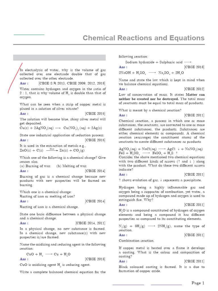 Chemistry (Chemical Reactions and Equations) w.s-1 10th | PDF | Redox ...
