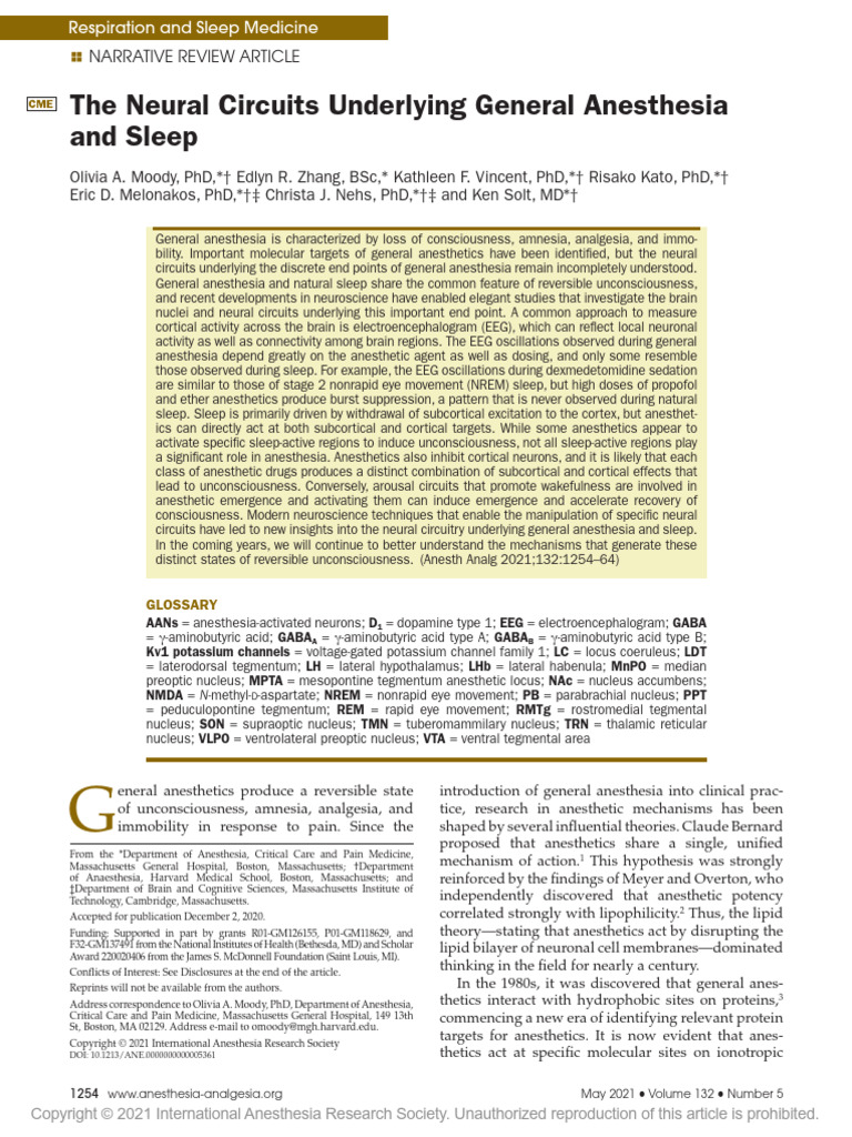 The Neural Circuits Underlying General Anesthesia and Sleep | PDF ...