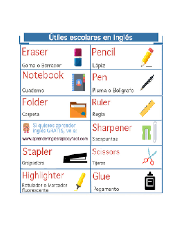 Vocabulario de Utiles escolares en Ingles | PDF