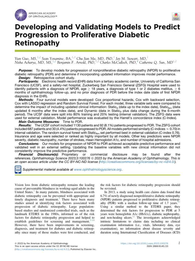 Developing and Validating Models To Predict Progression To Proliferative Diabetic Retinopathy ...