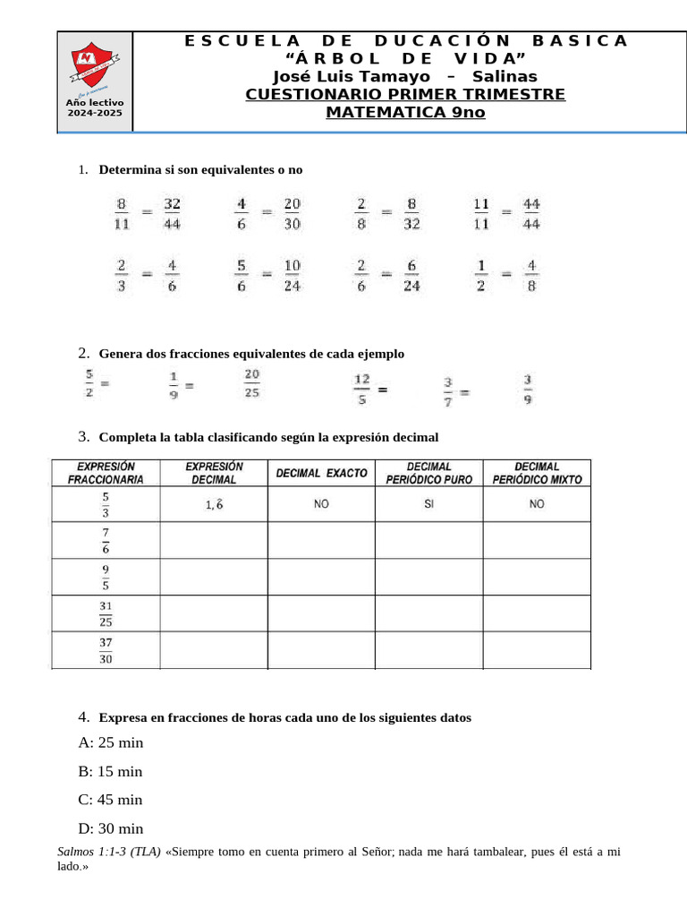 Cuestionario Mate 9no-9221722272564 | PDF | Notación Matemática | Aritmética