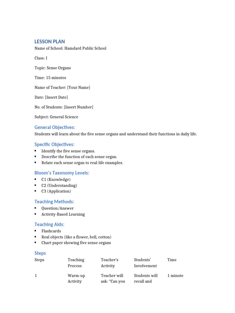 Sense Organs Lesson Plan for Kids | PDF | Senses | Lesson Plan