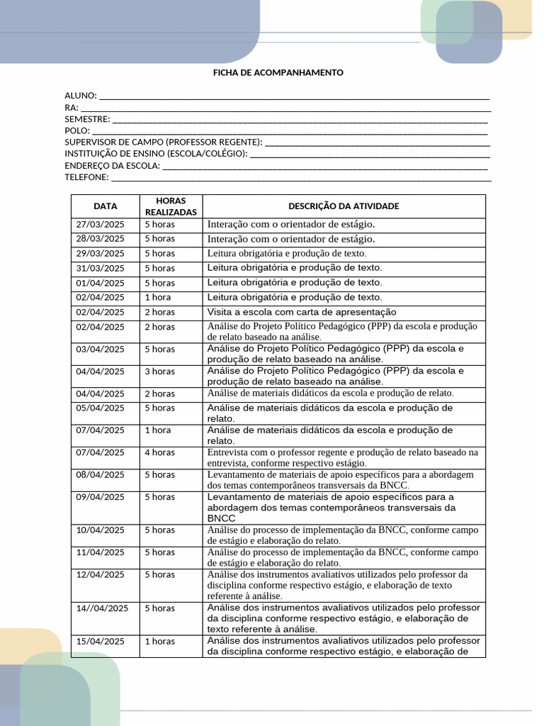 Ficha de Acompanhamento | PDF | Pedagogia | Aprendizado