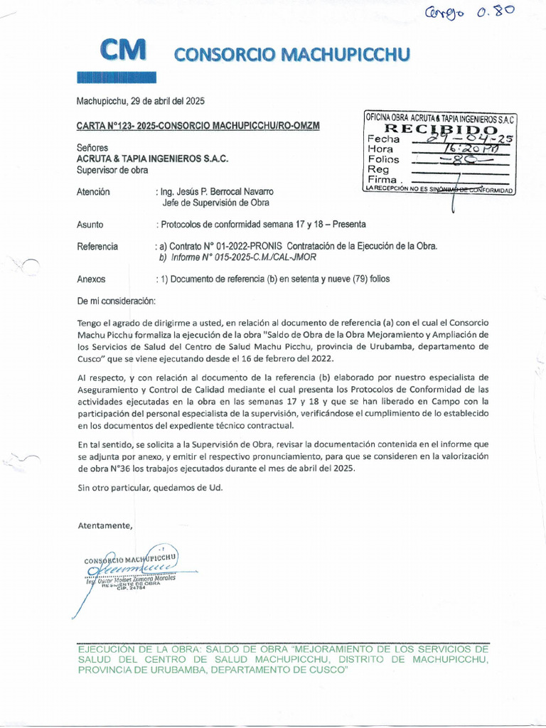 Carta N 0123-2025-Consorcio Machupicchu - Ro-Omzm | PDF