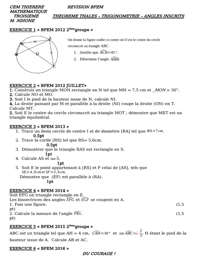 Exercices de Mathématiques BFEM 2023 | PDF | Triangle | Cercle