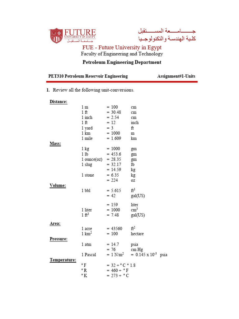 Assignment #1-Units - PET310 Peg | PDF | Liquids | Units Of Measurement