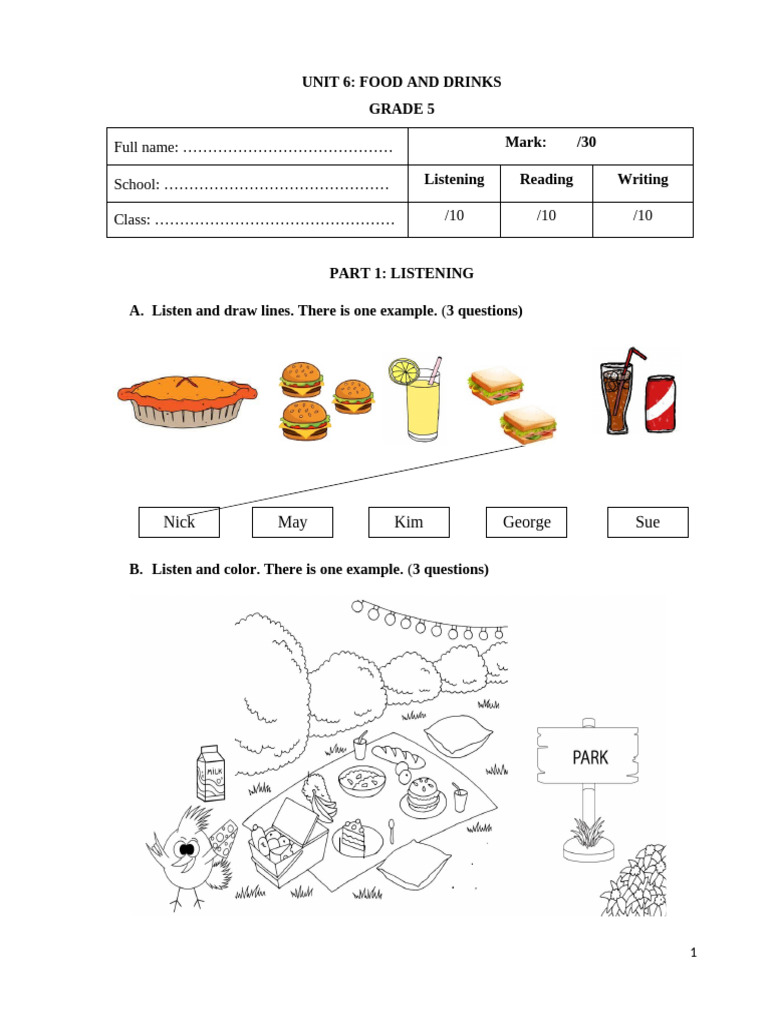 Grade 5 Food and Drinks Unit Test | PDF | Lunch | Meal