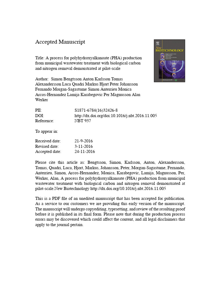 A Process For Polyhydroxyalkanoate (PHA) Production | PDF | Sewage ...