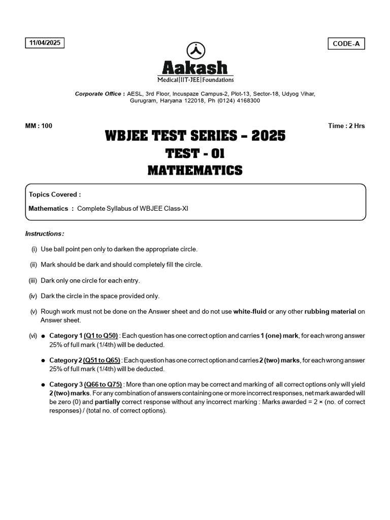 WBJEE 2025 Mathematics Test Series | PDF | Ellipse | Euclidean Geometry