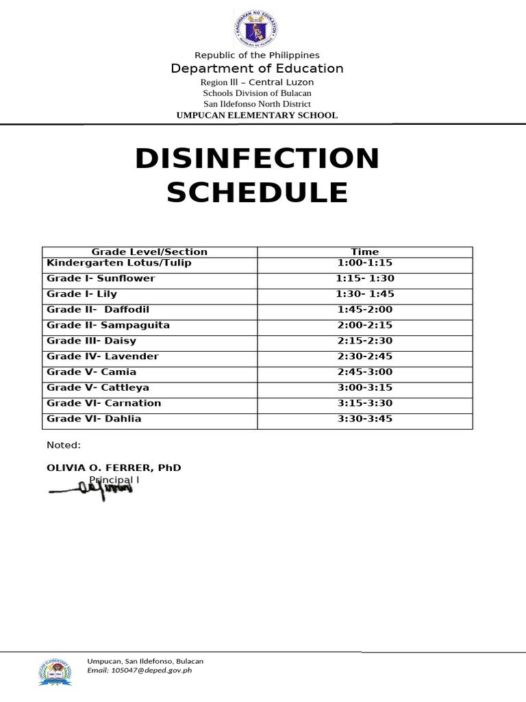 Umpucan Elementary School Disinfection Schedule | PDF