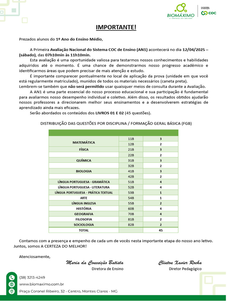 1º Ano IMPORTANTE! COMUNICADO AN1 | PDF