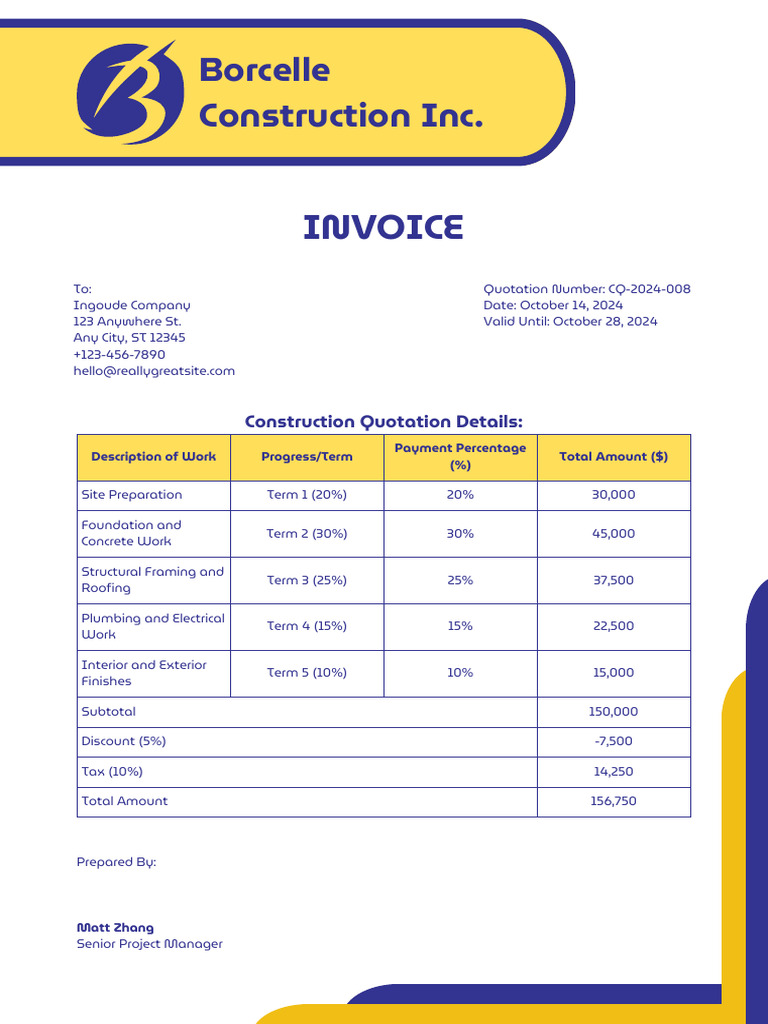 Blue Yellow Modern Construction Quotation Invoice | PDF