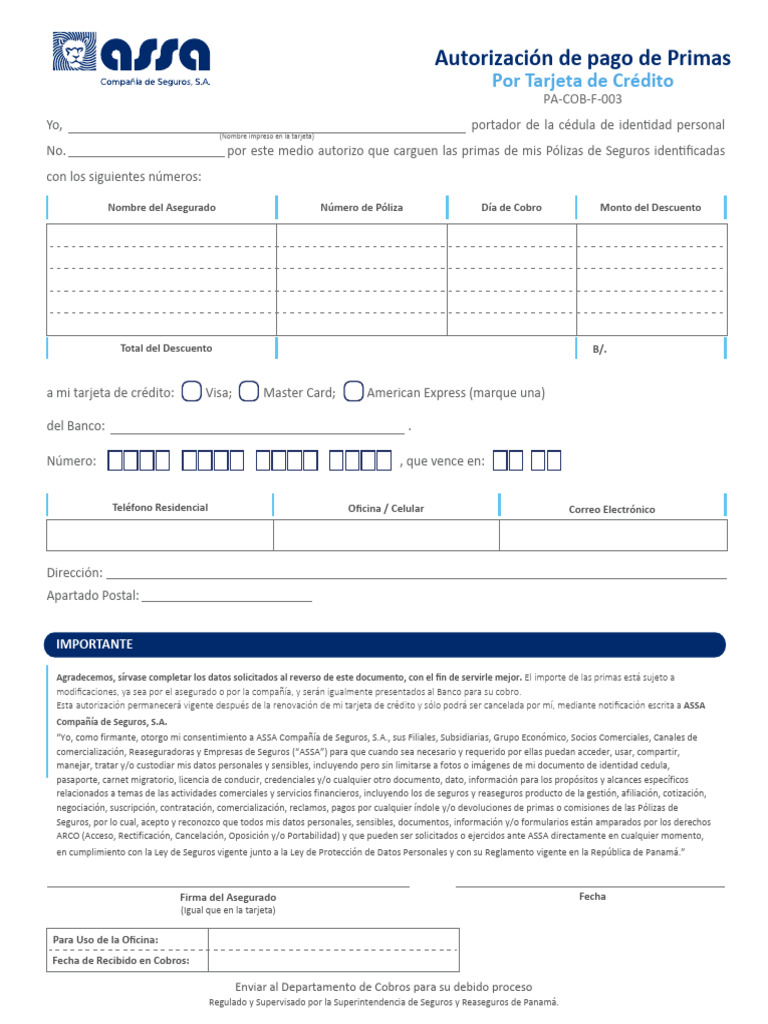 Autorización de Pago de Primas ASSA | PDF | Seguro | Reaseguro