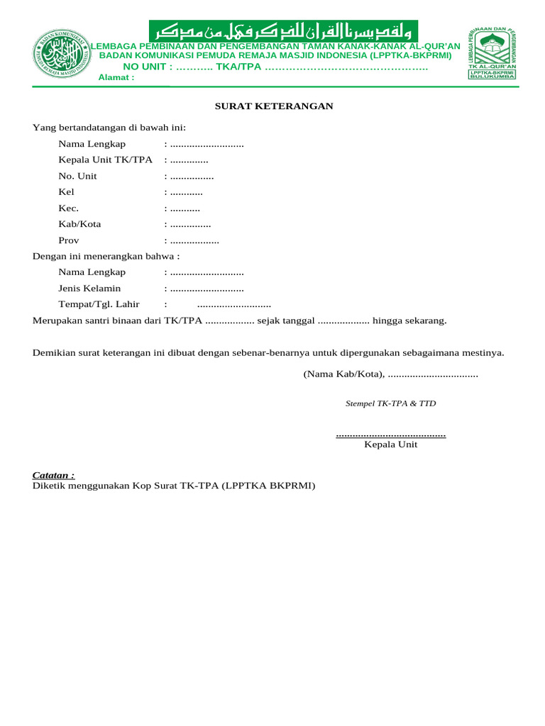 Contoh Kop Surat TKA/TPA BKPRMI | PDF
