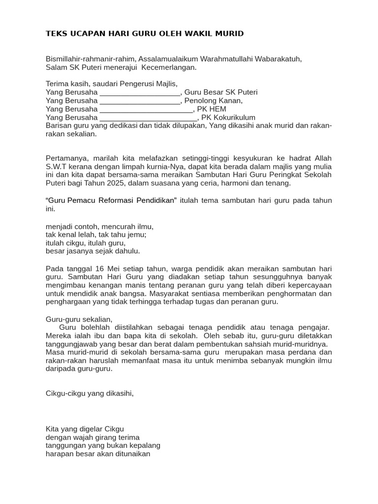 Teks Ucapan Hari Guru Wakil Murid | PDF