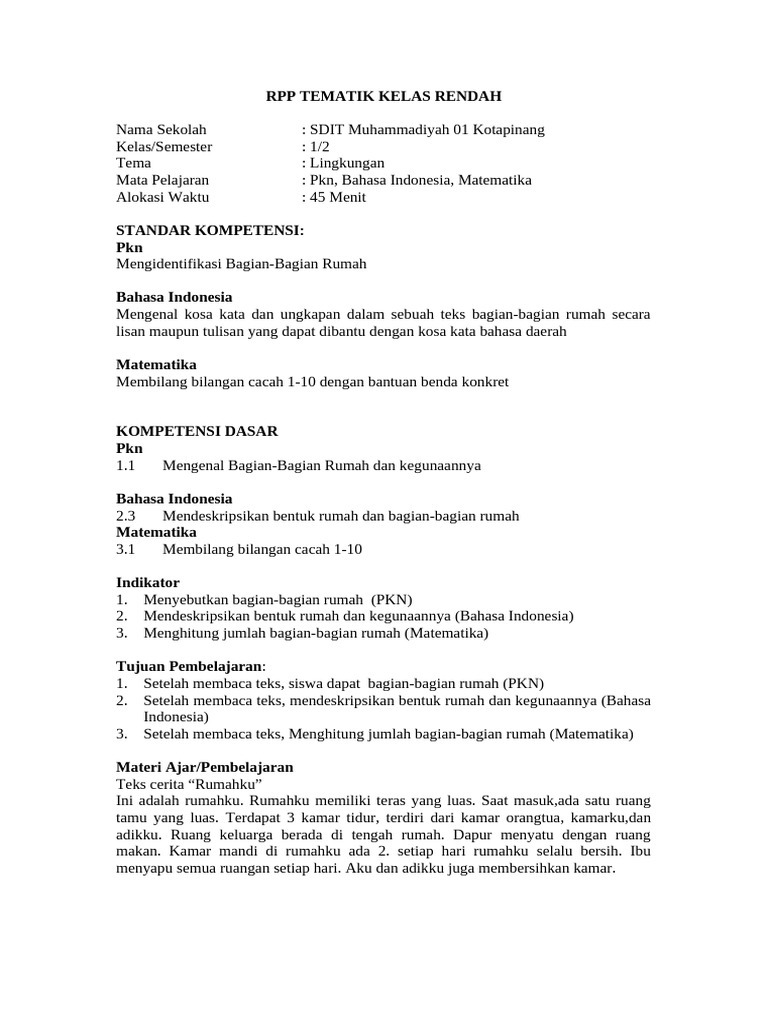 RPP Tematik Kelas Rendah | PDF