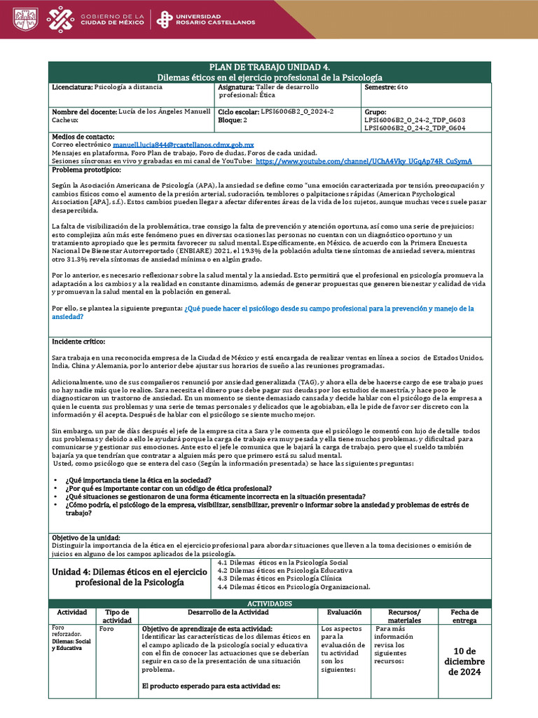 Plan de Trabajo U4 - TDP-E - Lucía Manuell | PDF | Sicología | Ansiedad