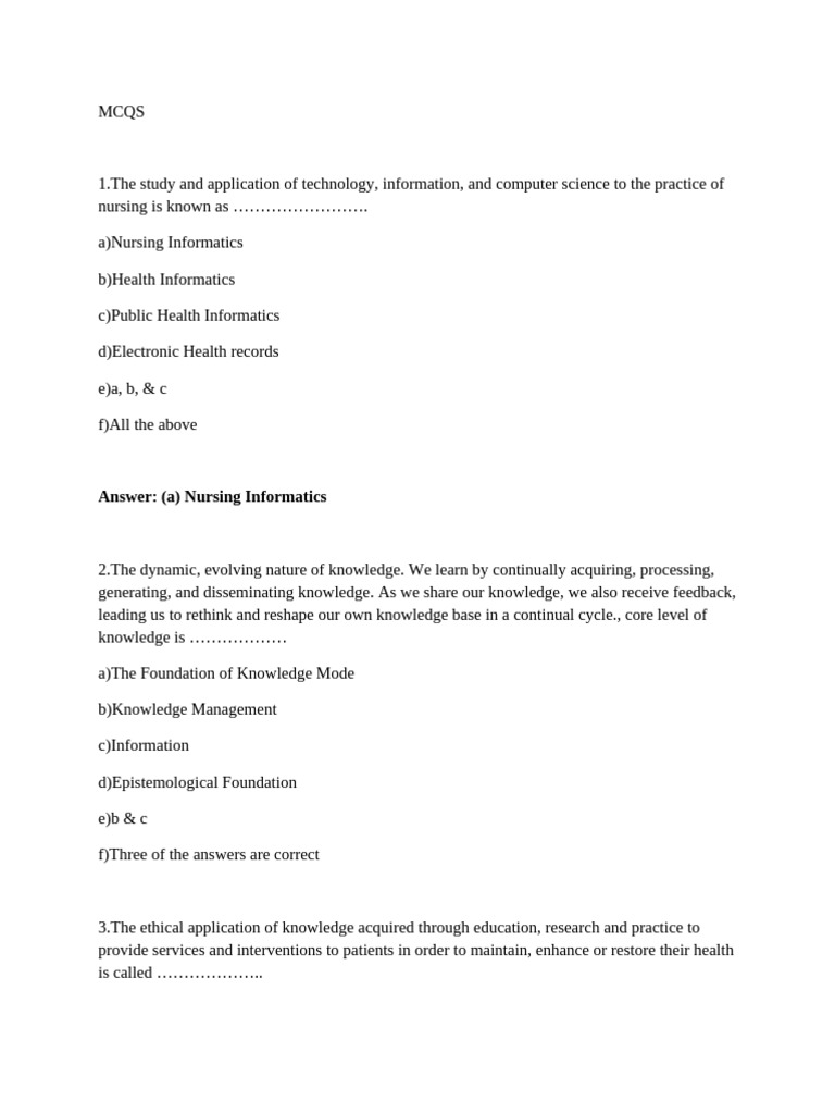 Nursing Informatics MCQs and Answers | PDF | Health Informatics ...