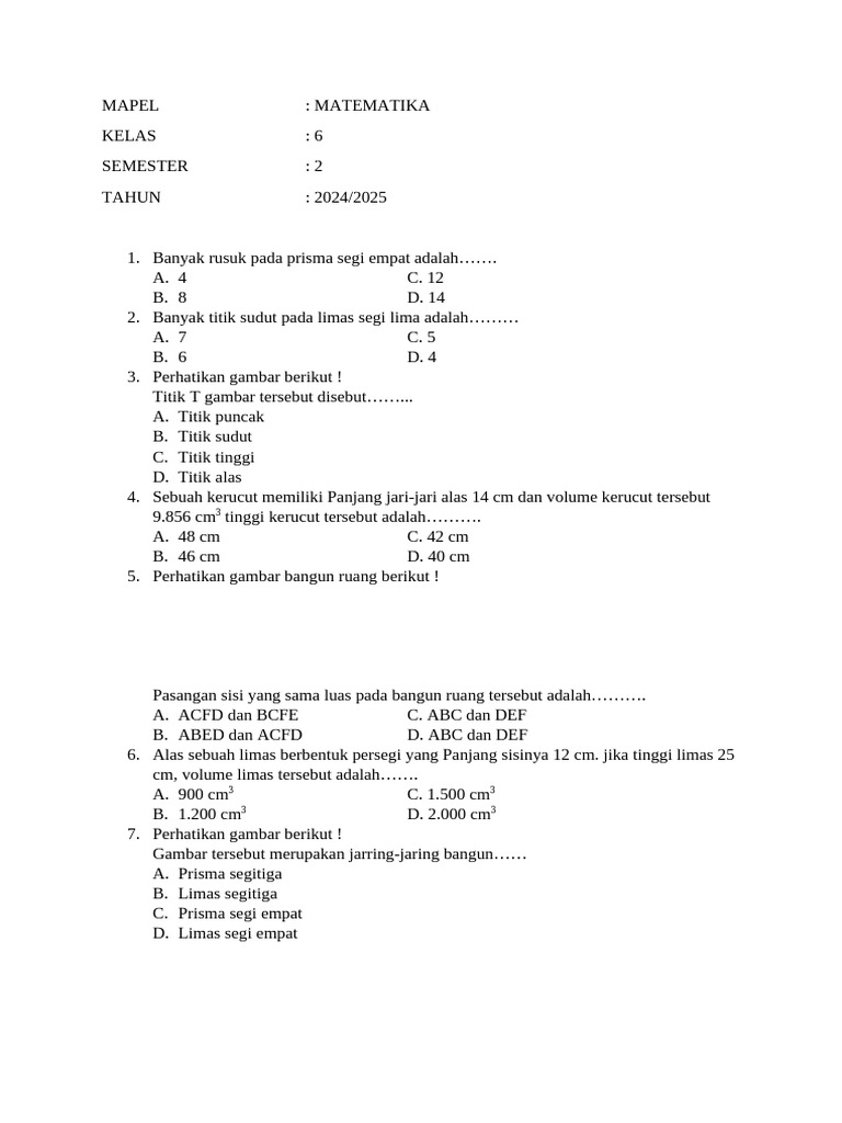 Mapel Mat Kelas 6 2025 | PDF