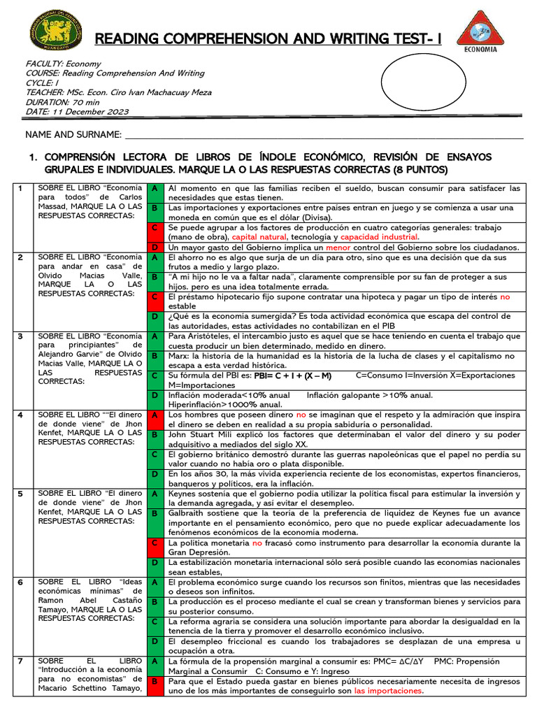 Solucionario - Comprensión Lectora y Redacción Test-1 | PDF | Dinero ...