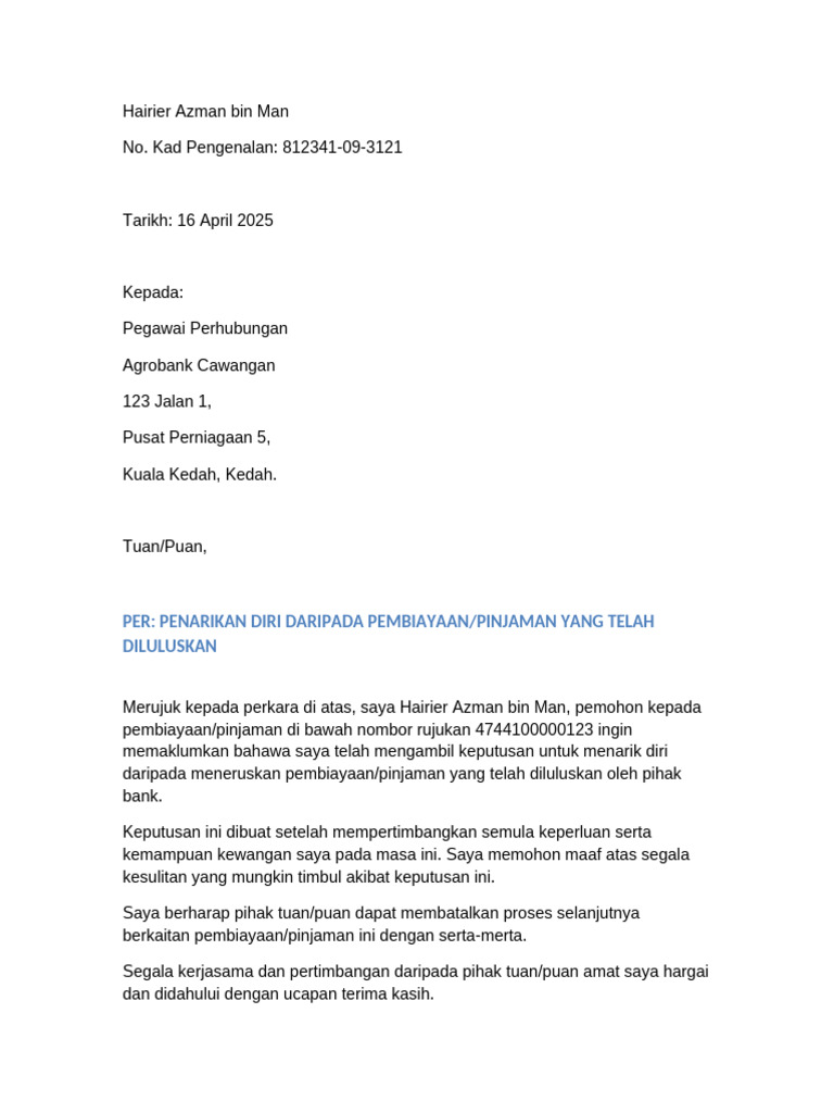 Surat Tarik Diri Pinjaman Hairier | PDF