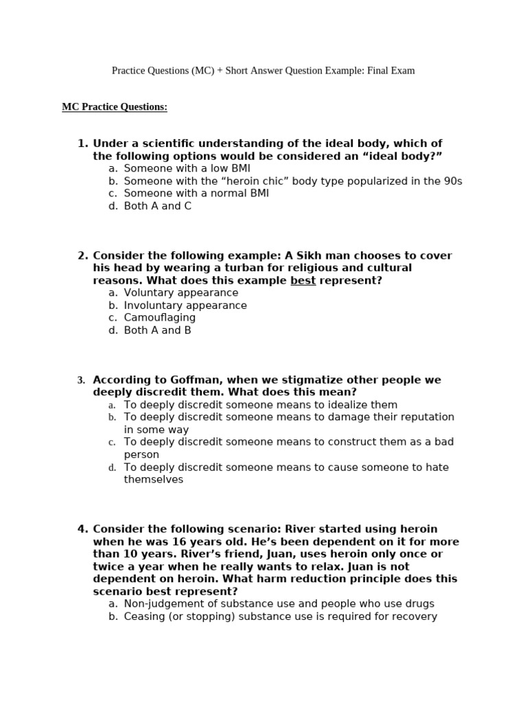 MC Practice Questions + Short Answer Example Question - Final Exam ...