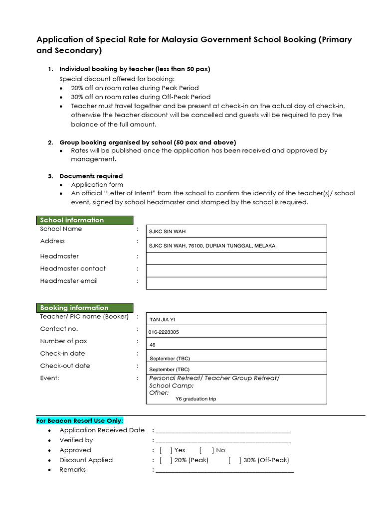 Application Form For Special Rate (Malaysia Gorverment School) | PDF