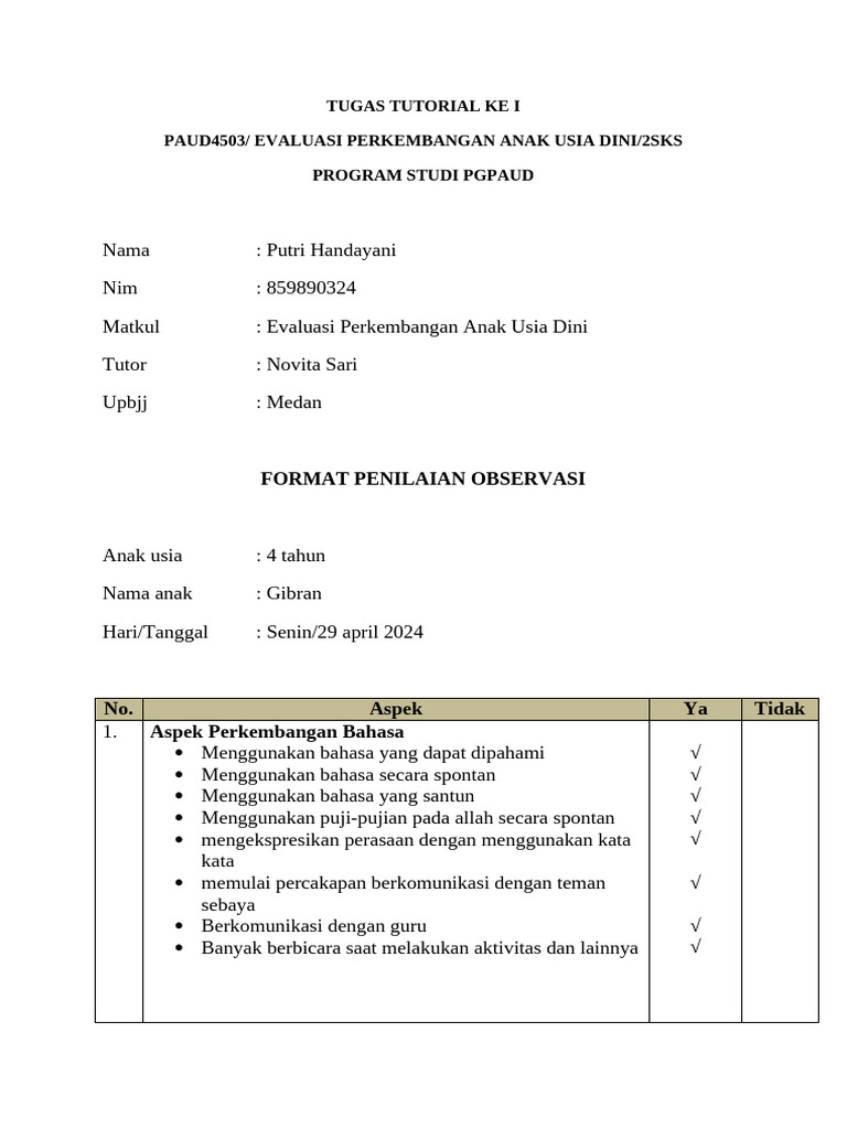 Tugas 1, Evaluasi Perkembangan Anak Usia Dini, Nama, Putri Handayani, Nim, 859890324.. | PDF