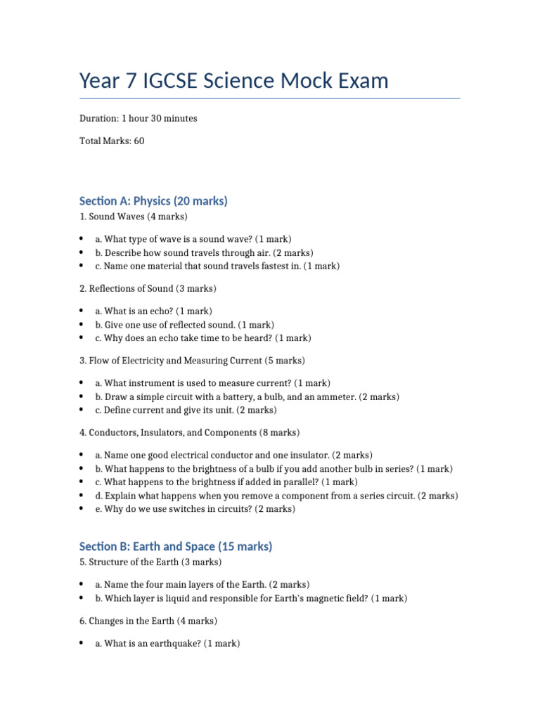 Year 7 IGCSE Science Mock Exam | PDF | Chemistry | Physical Sciences