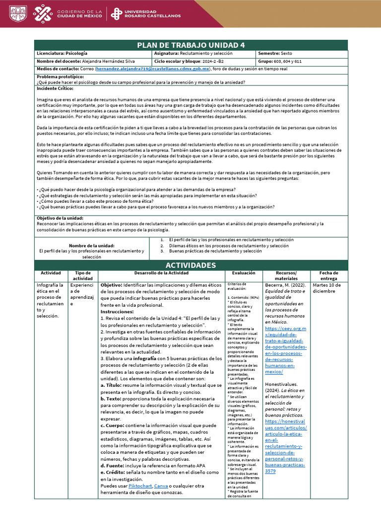 Formato Plan de Trabajo U4 (2024-2 - B2) | PDF | Infografia | Reclutamiento