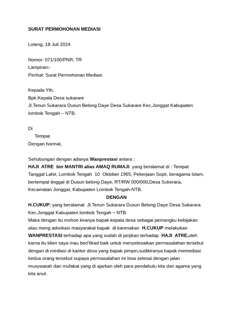 Surat Permohonan Mediasi Wanprestasi | PDF