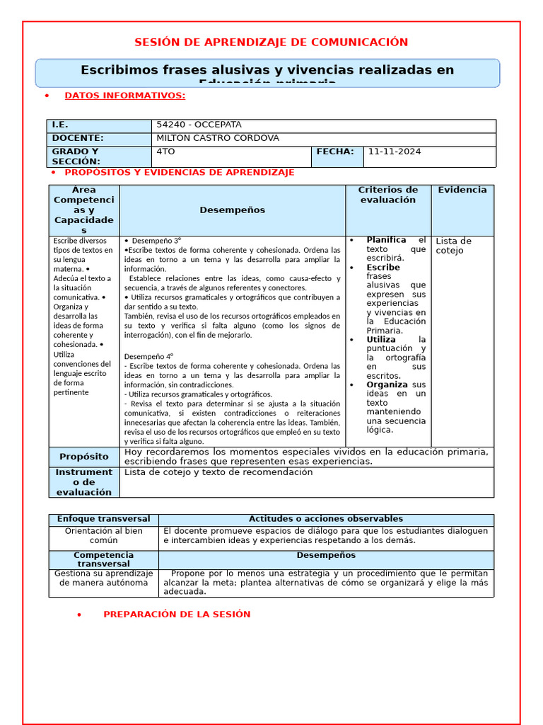 Sesion de Comunicación - Escribimos Frases Alusivas Sobre Dia de La Educacion Primaria - e | PDF ...