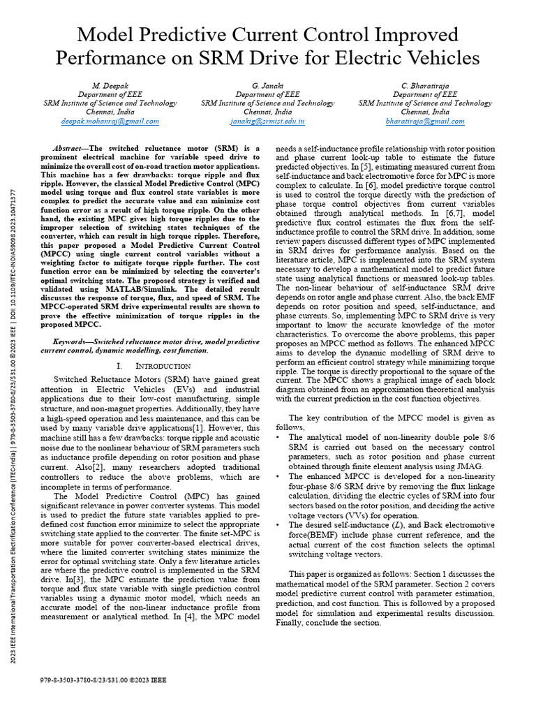 Model Predictive Current Control Improved Performance On SRM Drive For Electric Vehicles | PDF ...