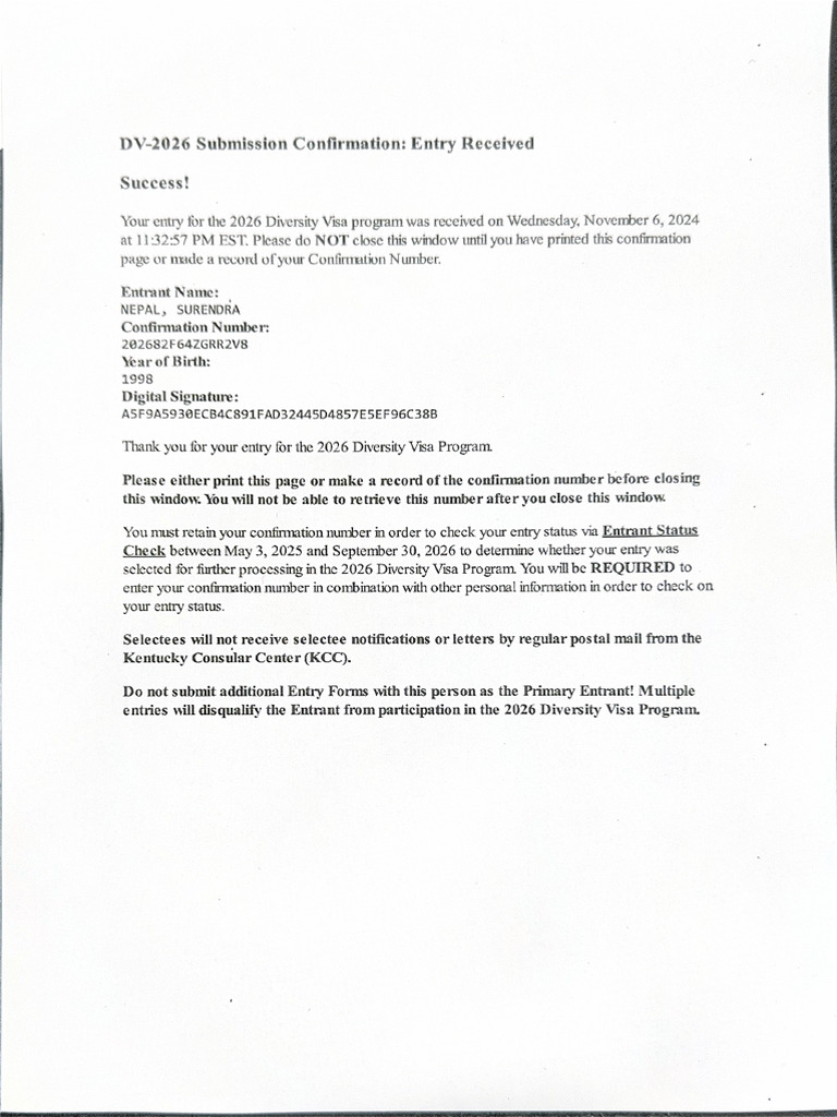 DV 2026 Submission Confirmation Entry Received | PDF