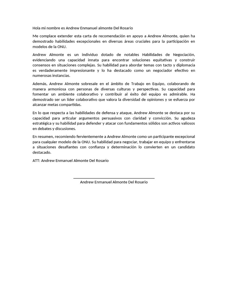 Recomendación para Andrew Almonte en ONU | PDF