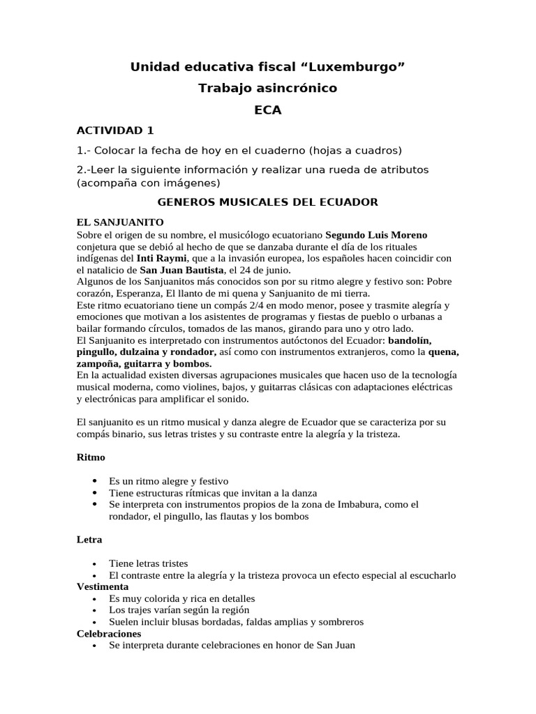 Trabajo de ECA - 9no E. | PDF | Ritmo | Ecuador