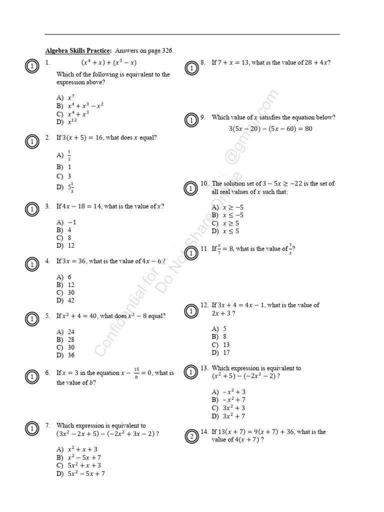 Algebra Skills Practice Questions | PDF | Algebra | Equations
