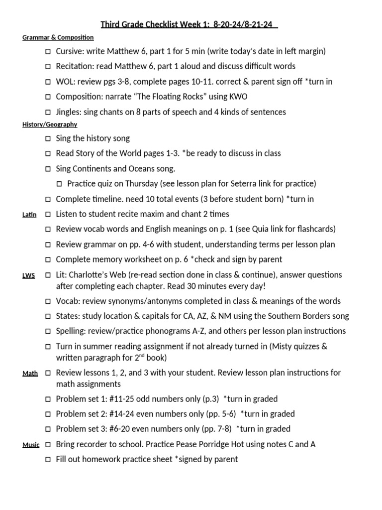 Third Grade Checklist 8-19-24 | PDF | Learning | Human Communication