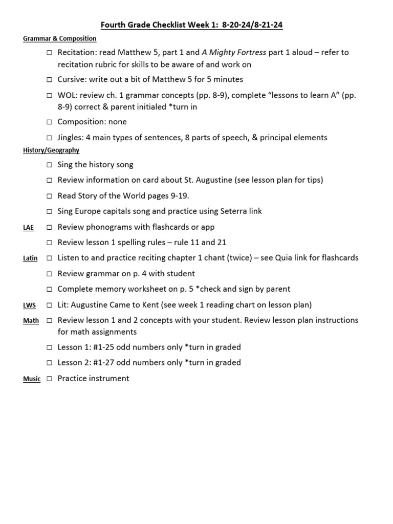 Fourth Grade Checklist 8-19-24 | PDF | Human Communication | Linguistics
