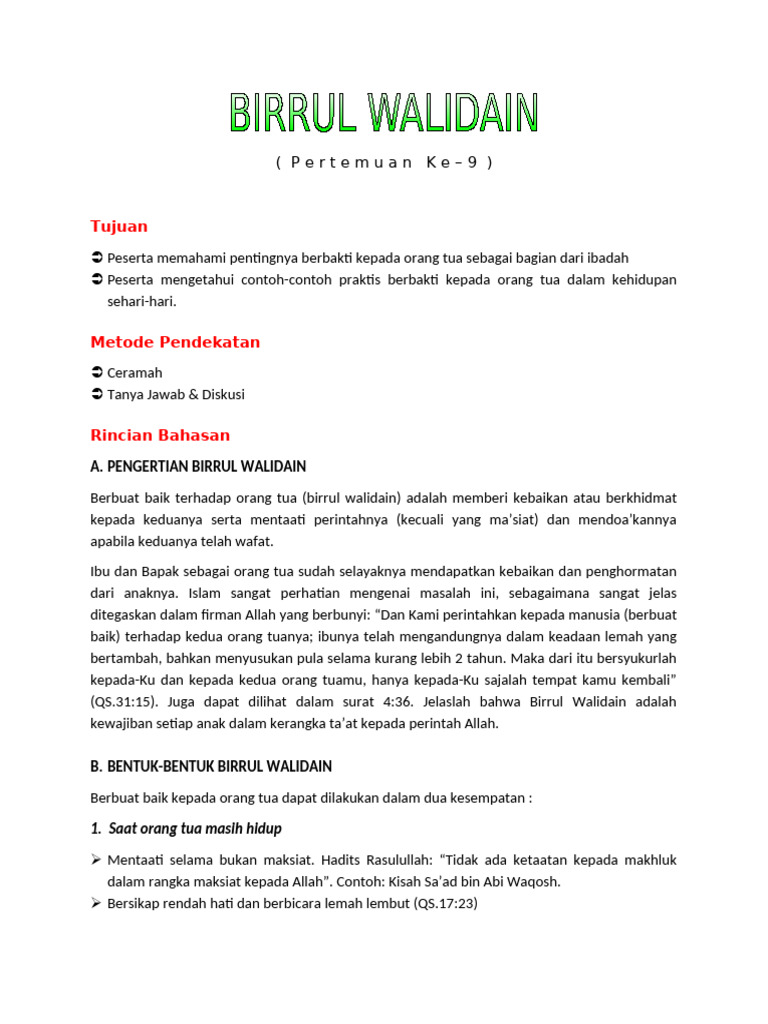 Birrul Walidain Pertemuan Ke 9 | PDF
