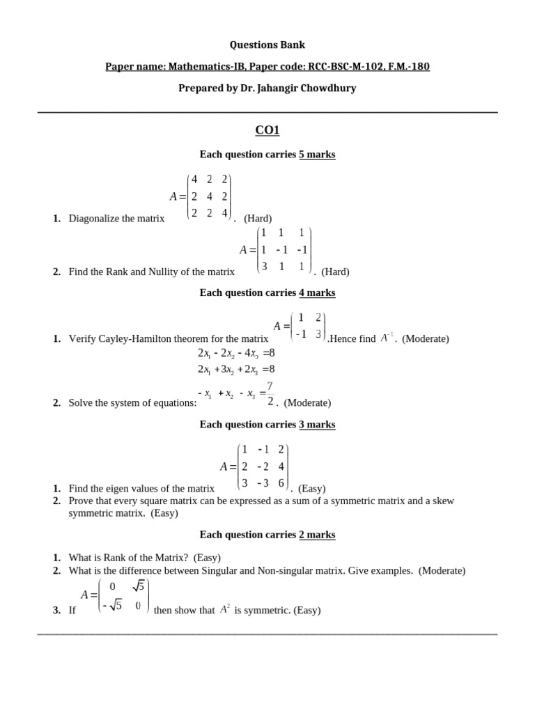 Mathematics IB, Paper Code RCC BSC M 102, | PDF | Matrix (Mathematics ...