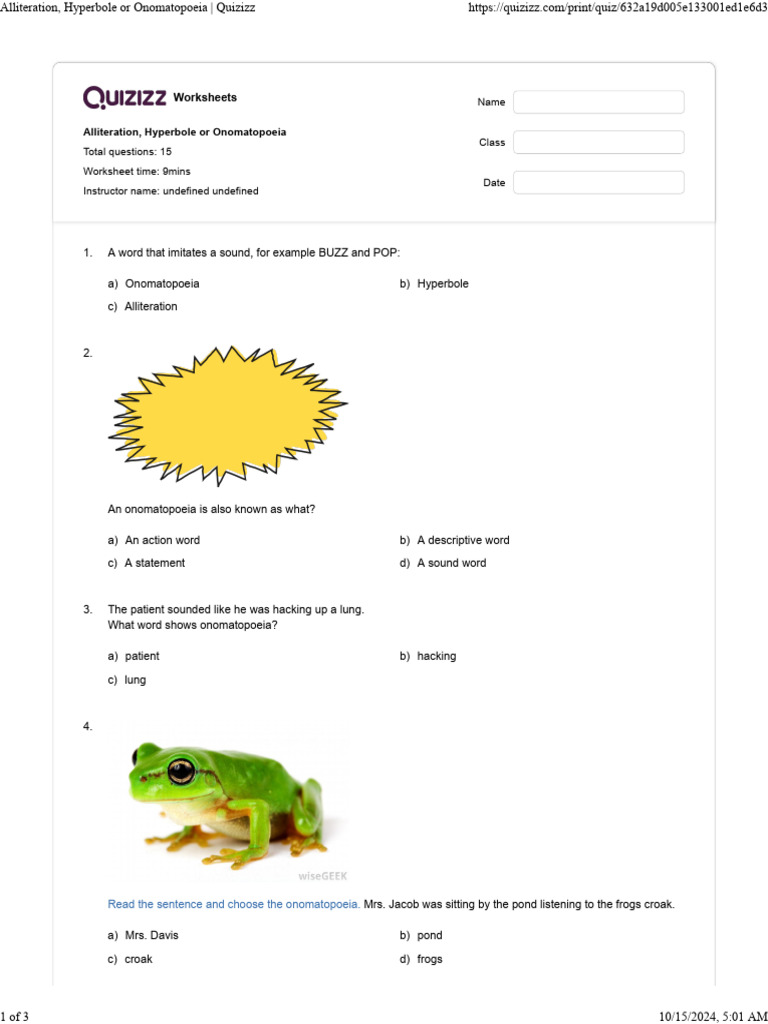 Alliteration, Hyperbole or Onomatopoeia - Quizizz | PDF | Psycholinguistics | Linguistics