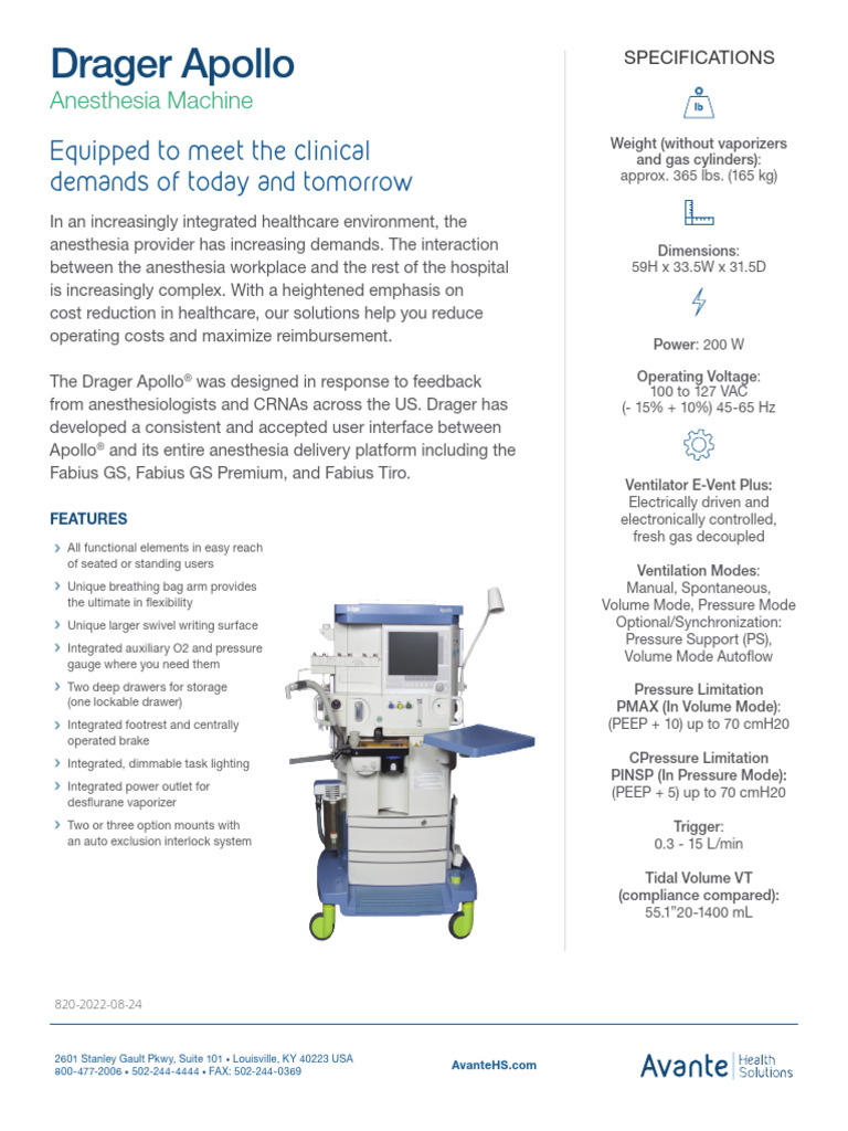 Drager Apollo Anesthesia Machine | PDF | Anesthesia | Equipment