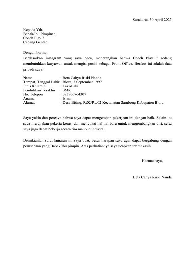 Surat Lamaran Kerja Front Office | PDF