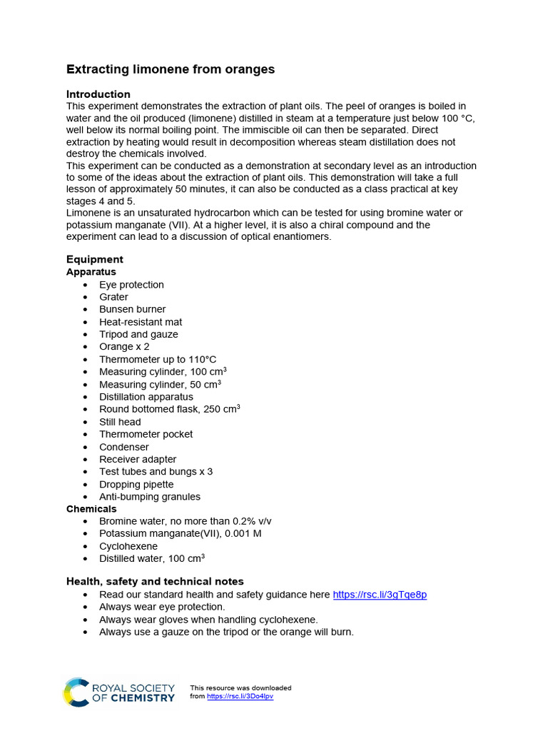 Extracting Limonene from Oranges Guide | PDF | Chemistry