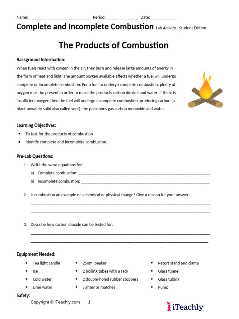 6 3 Lab Activity SE Complete and Incomplete Combustion | PDF ...