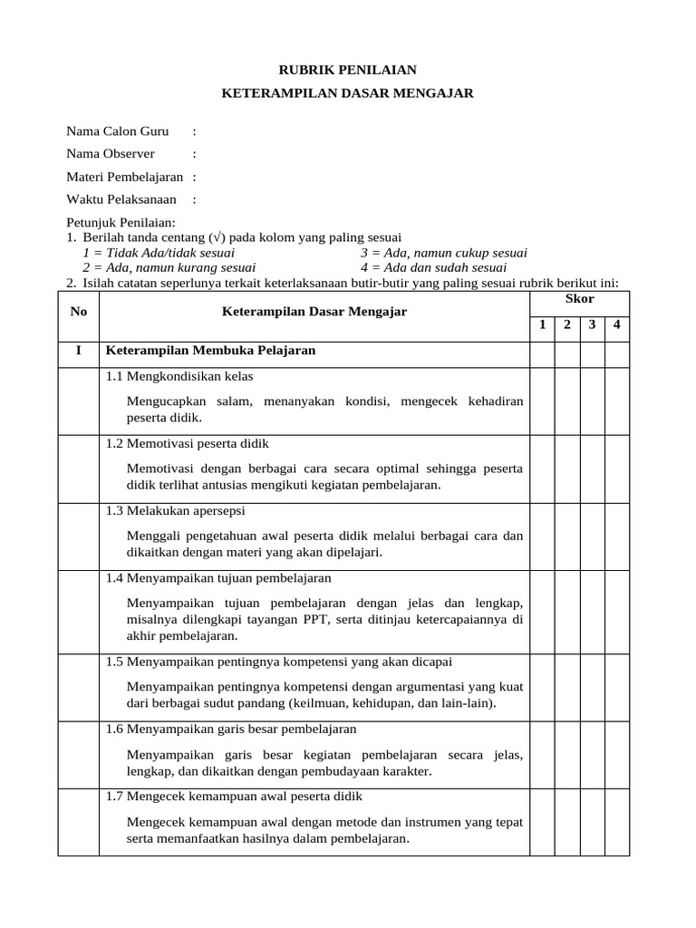 Rubrik Penilaian Keterampilan Dasar Mengajar Micro Teaching | PDF