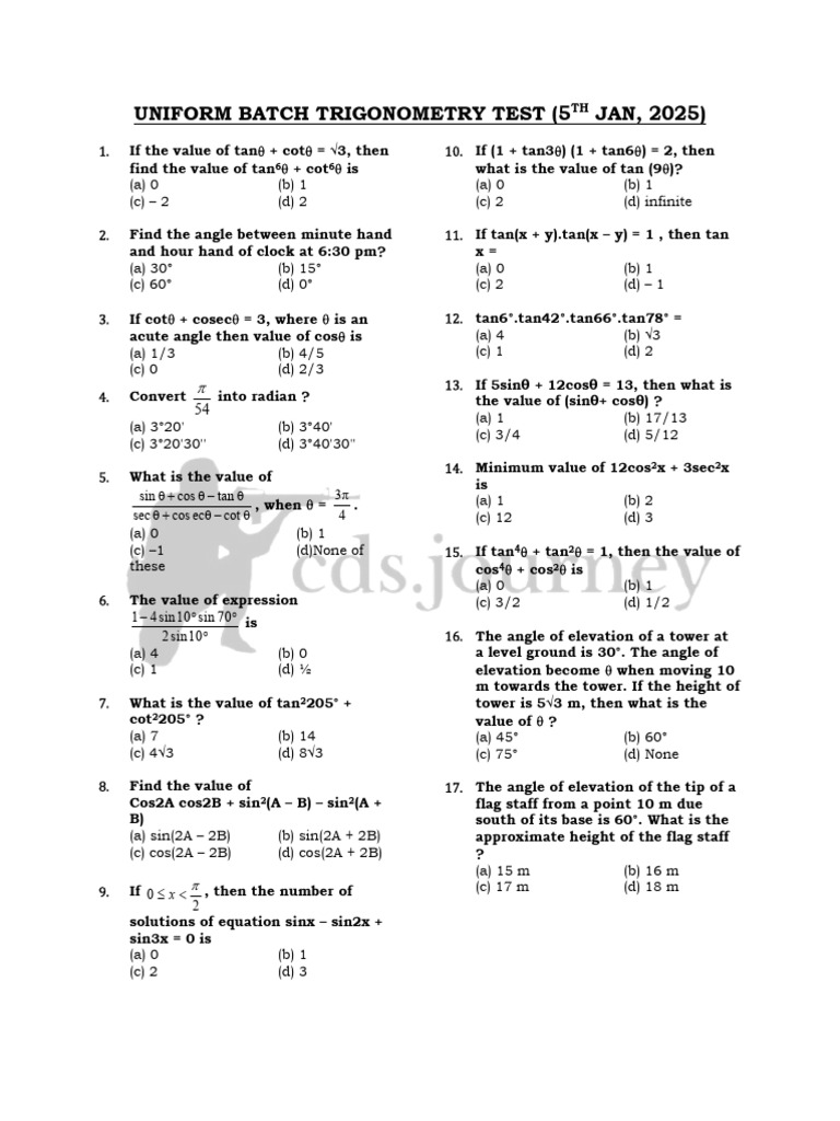 Trigonometry Test Questions 2025 | PDF | Angle | Euclid
