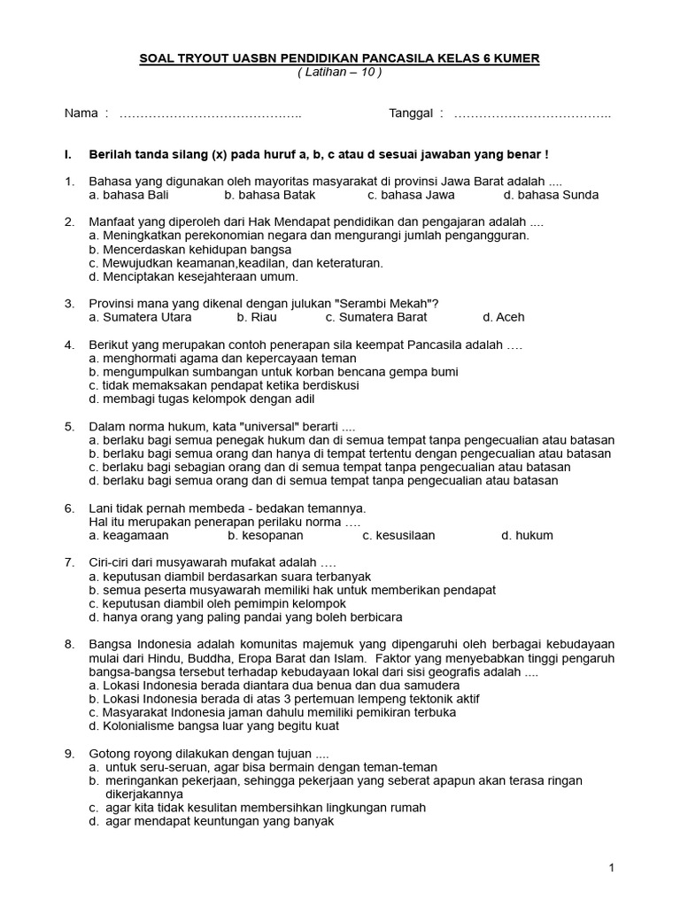 SOAL TRYOUT UASBN PENDIDIKAN PANCASILA KELAS 6 KUMER - Latihan 10 | PDF