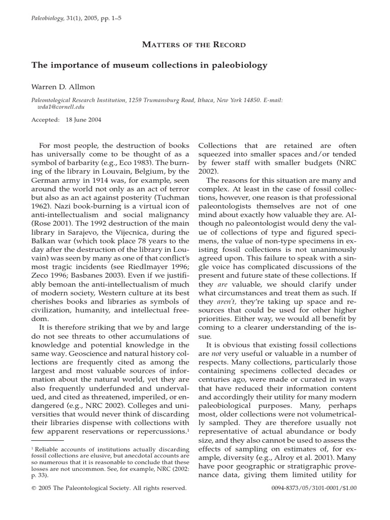 Allmon - 2005 - Importancia Colecciones | PDF | Paleontology | Mollusca